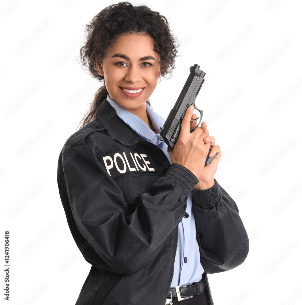 African-American female police officer with gun on white background ...