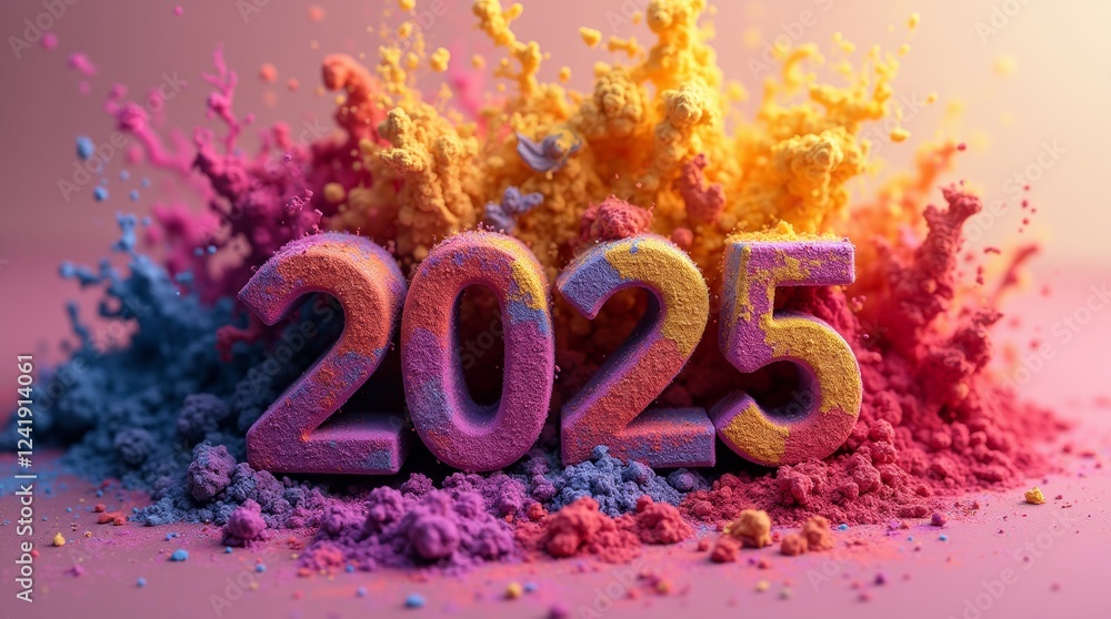 Splash of colors 2025 Holi festival 3D volumetric text made of particles of Holi colors Stock ...