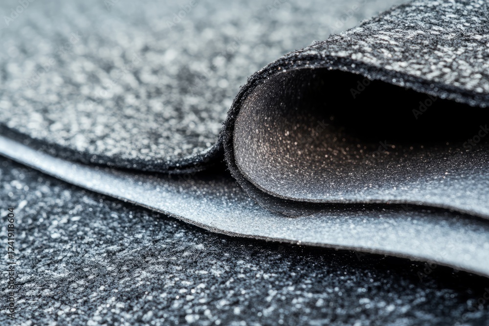 Roofing felt roll partially unrolled showing its inner layers, lying on ...