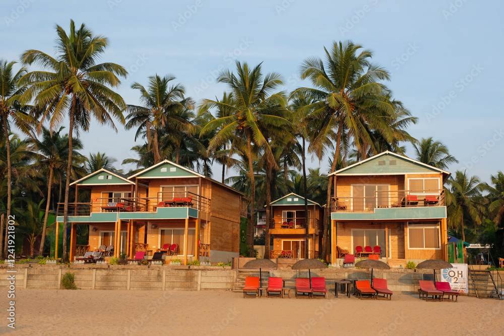 Agonda, GOA, India - December 18, 2024: Beachfront wooden cottages with ...