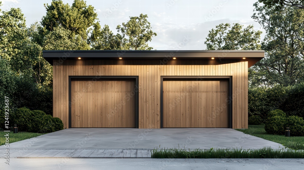 A simple wooden garage with two doors. The design is minimal, with a ...