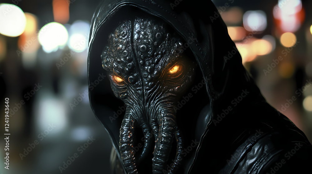 Menacing alien creature in black leather hood emerges from urban ...