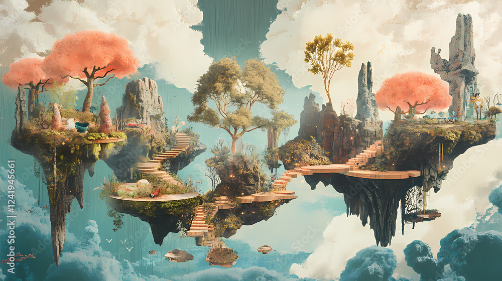 Surreal dreamscape featuring floating islands with miniature ecosystems ...
