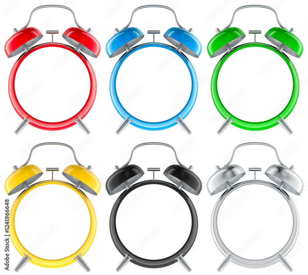 Alarm clocks with blank dials, mockup template. 3D rendering isolated ...