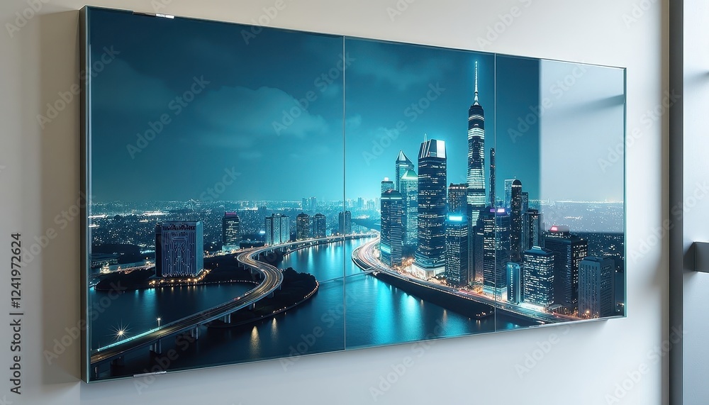 Lar Glass Wall Display Features Night Skyline of City With Illuminated ...