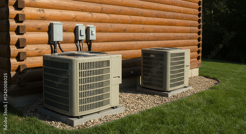 Log Cabin HVAC System: Dual Air Conditioning Units & Electrical Panel ...
