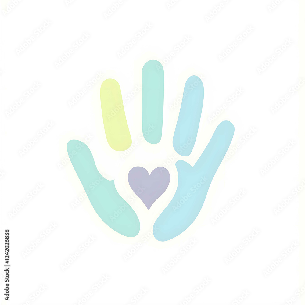 A logo featuring a soft pastel handprint with a heart at the center of ...