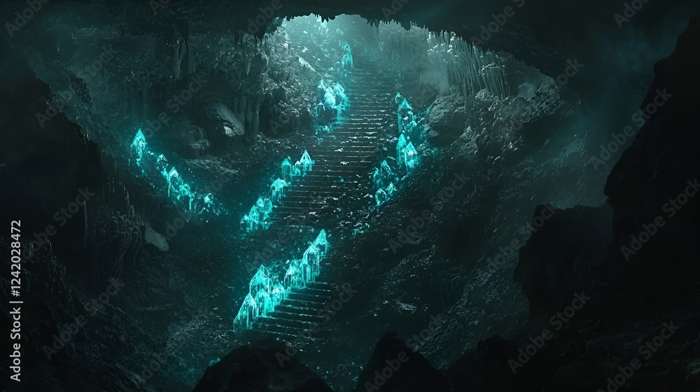 Glowing figures ascend cave stairs, dark background, fantasy art, game ...