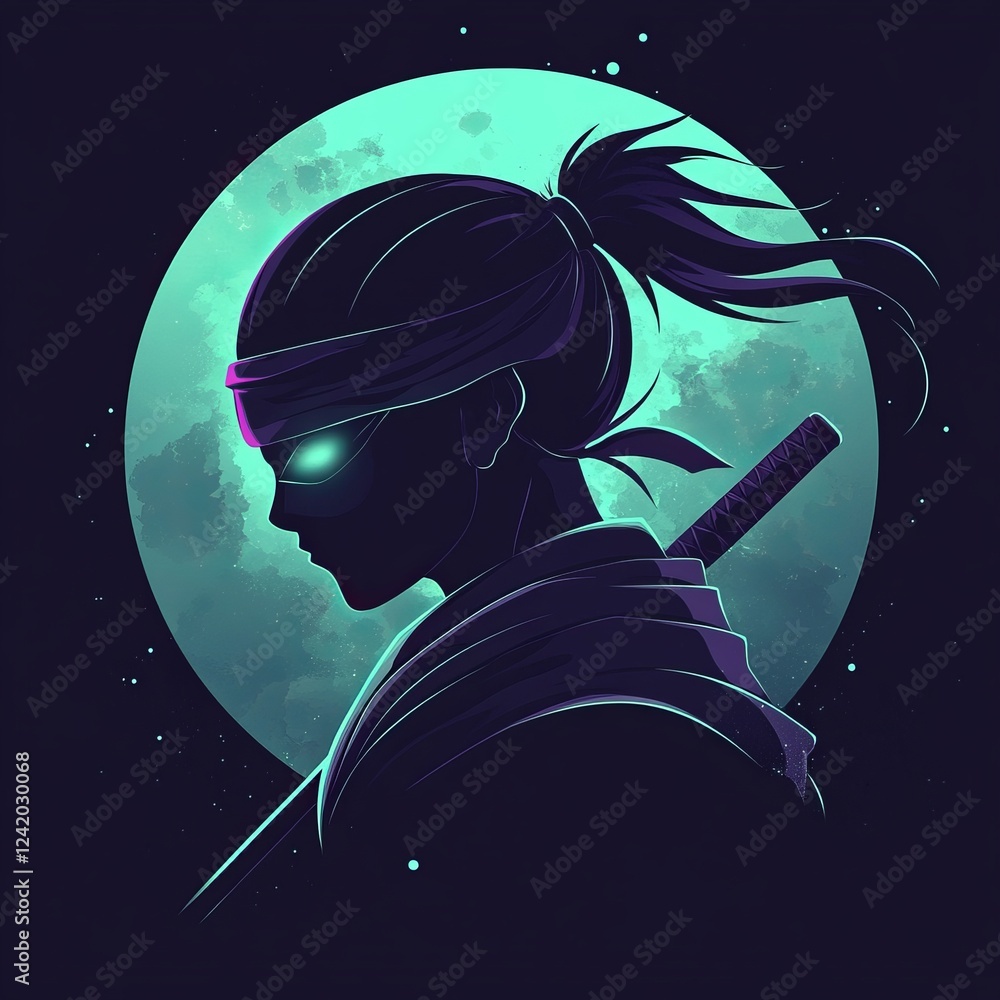 Samurai Japan sword knight line portrait logo with a dark background ...