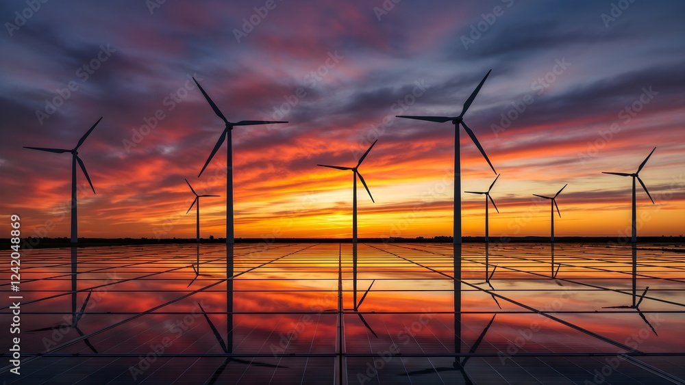 Solar and wind energy harmony, turbines and panels reflecting the ...