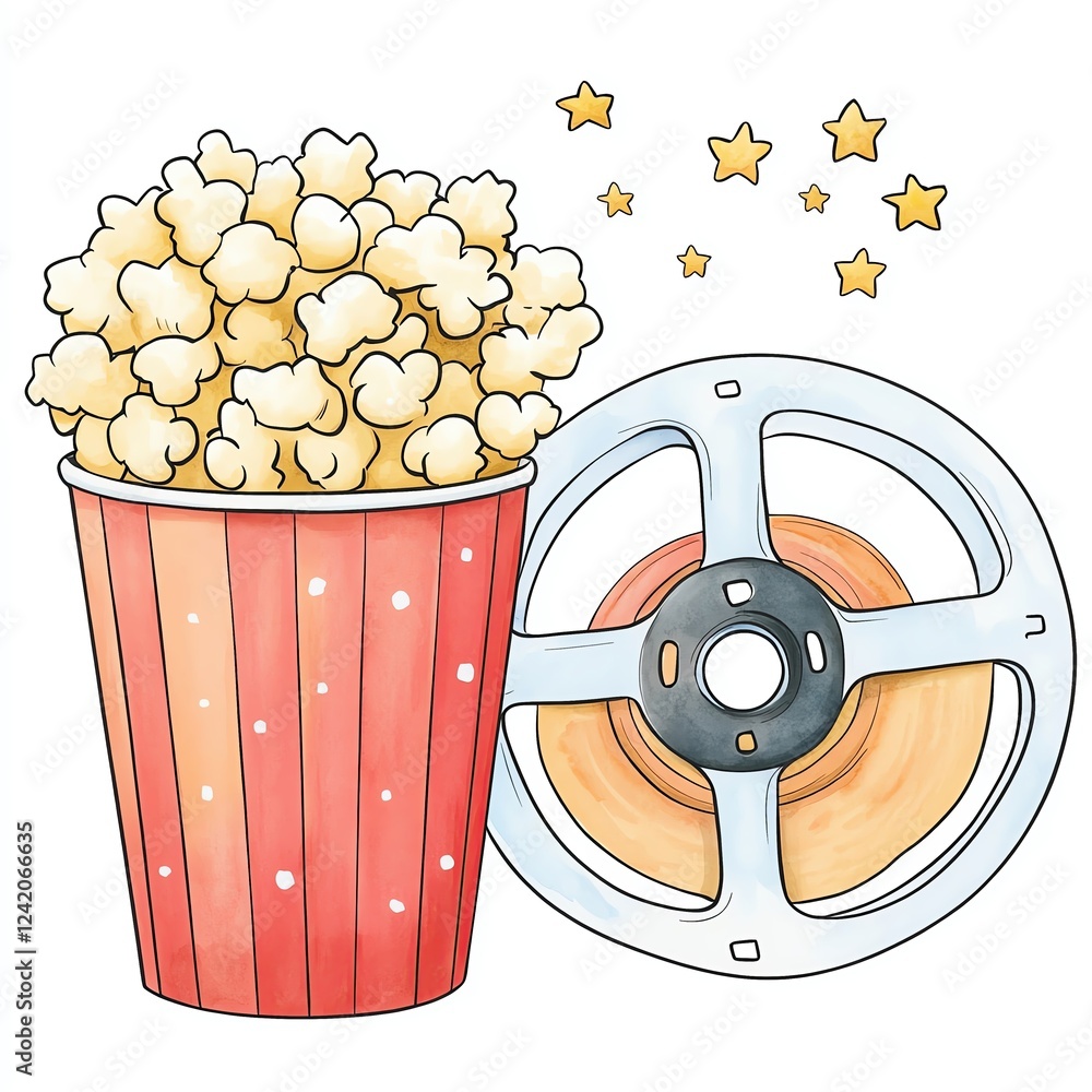 Movie night theme with a popcorn bucket and a film reel, cozy and ...