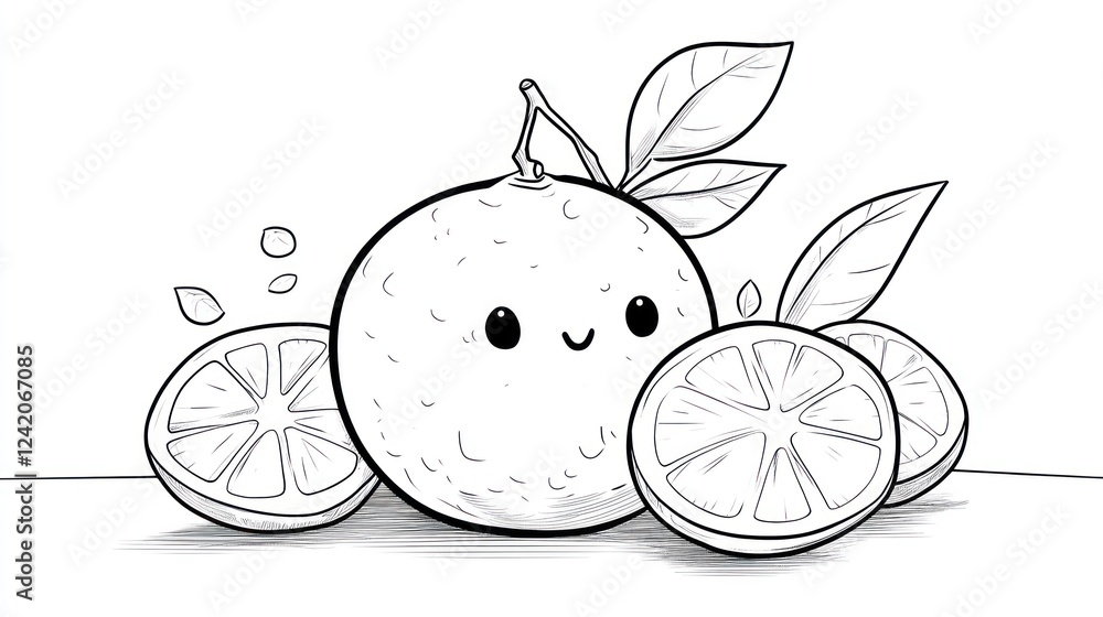Cute cartoon orange slices, coloring page, kitchen background, kids ...