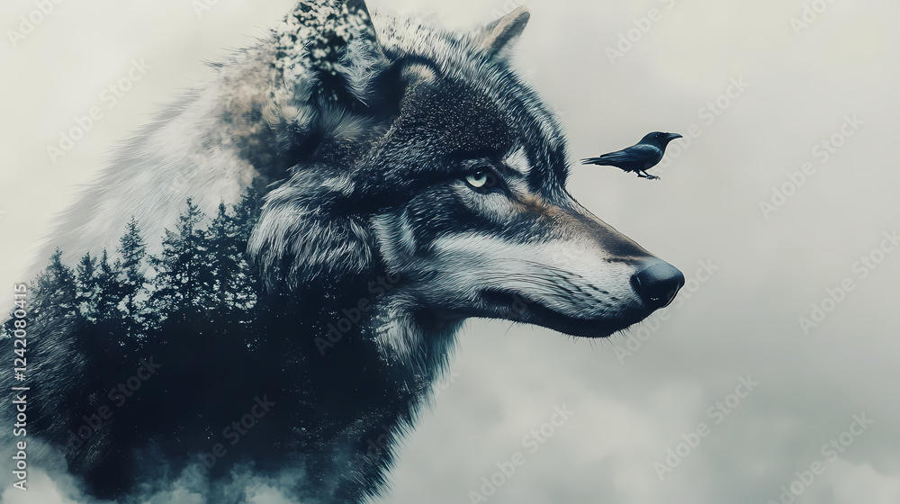 Double exposure of hybrid animal, surreal fusion of wolf and raven in ...