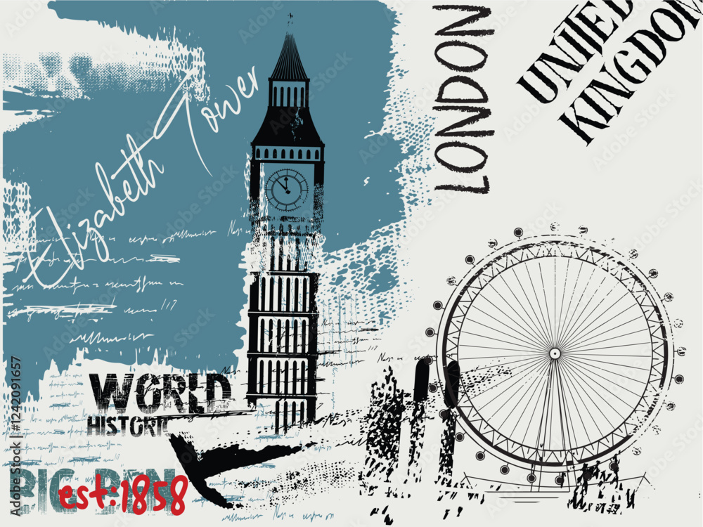 illustration of world historic buildings in London, hand drawn ...