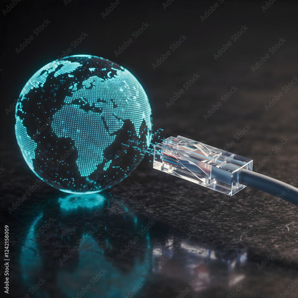 Digital Earth globe glowing in blue connected to a transparent Ethernet ...