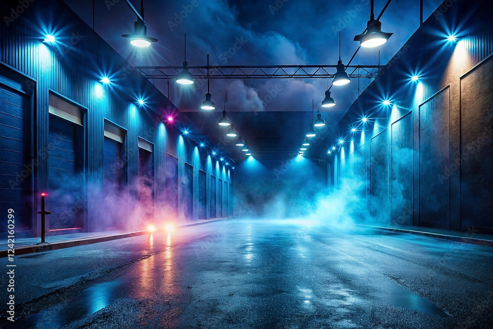 Night, industrial, alley, neon, smoke, fog, street, loading docks ...