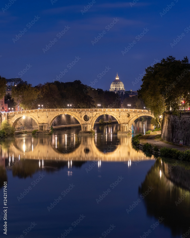 Reflection of a historic arched bridge crossing the Tiber River with ...