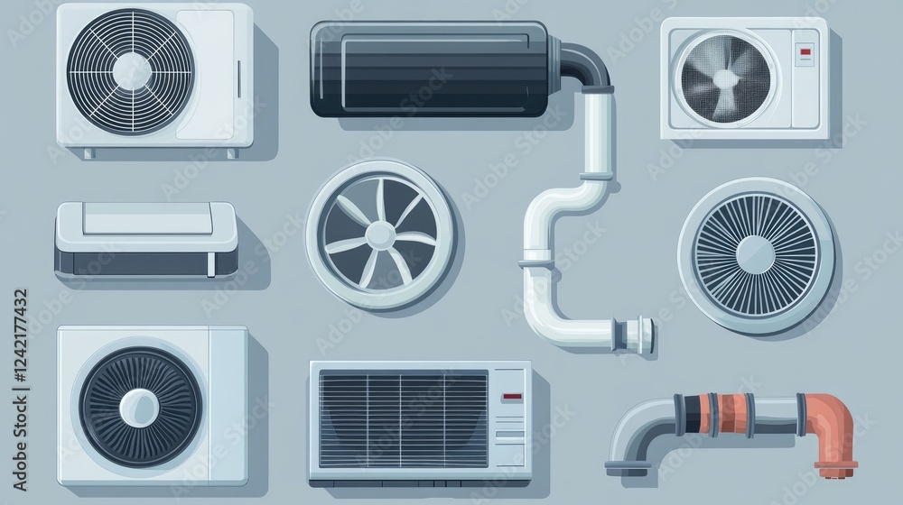 Set of vector illustrations depicting various air duct systems ...