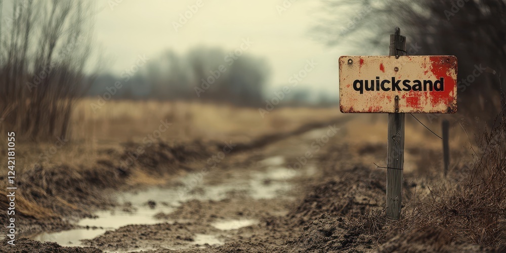 Warning Sign Near Treacherous Quicksand Path in Misty Countryside with ...