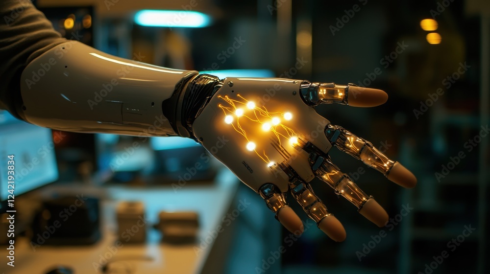 An intimate shot of a user wearing a neuralcontrolled arm prosthetic ...