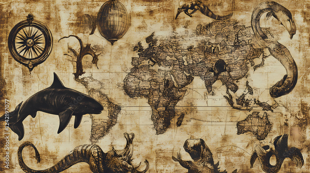 A wallpaper design with antique maps, showcasing continents and sea ...