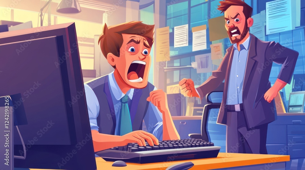 Angry boss yelling at stressed employee working on computer in office ...