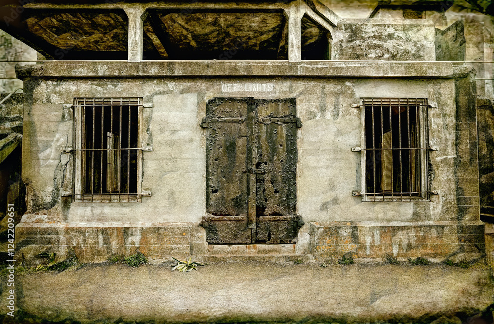 artistic photo of old abandoned military bunker with black rusty metal ...