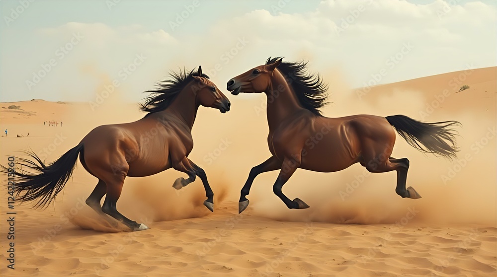 Two Brown Horses Running in Desert Sand Dust Storm Dramatic Action ...