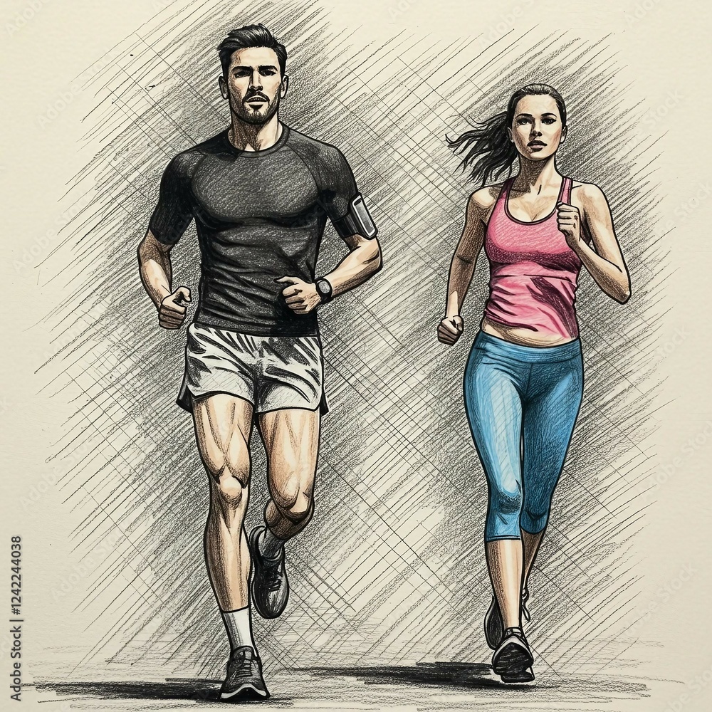 Running man and woman, colored pencil drawing. Run, side view. Colored ...