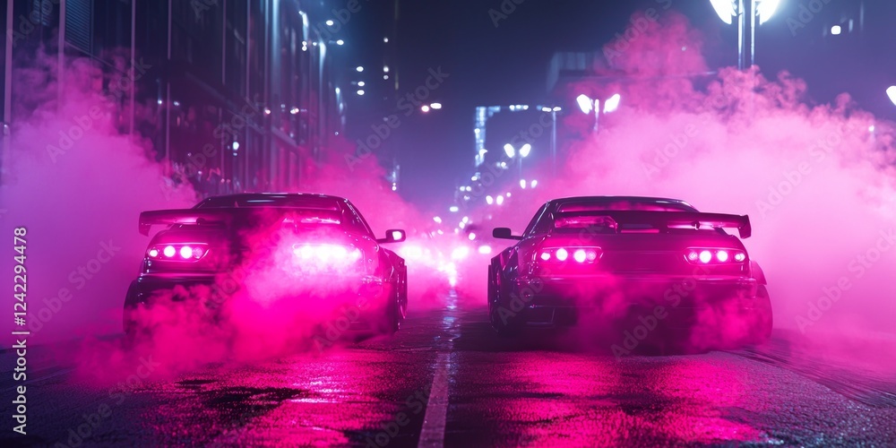 Two Modified Hatchbacks Emitting Smoke at Night in Urban Environment ...