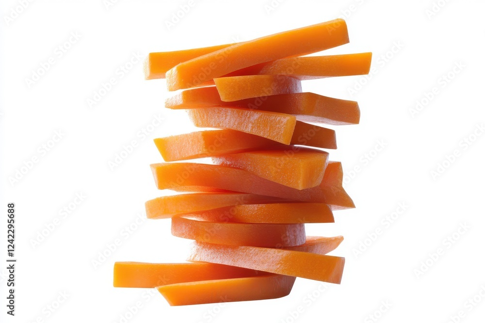 Side view of orange carrot slices in stick shape in stack isolated with ...