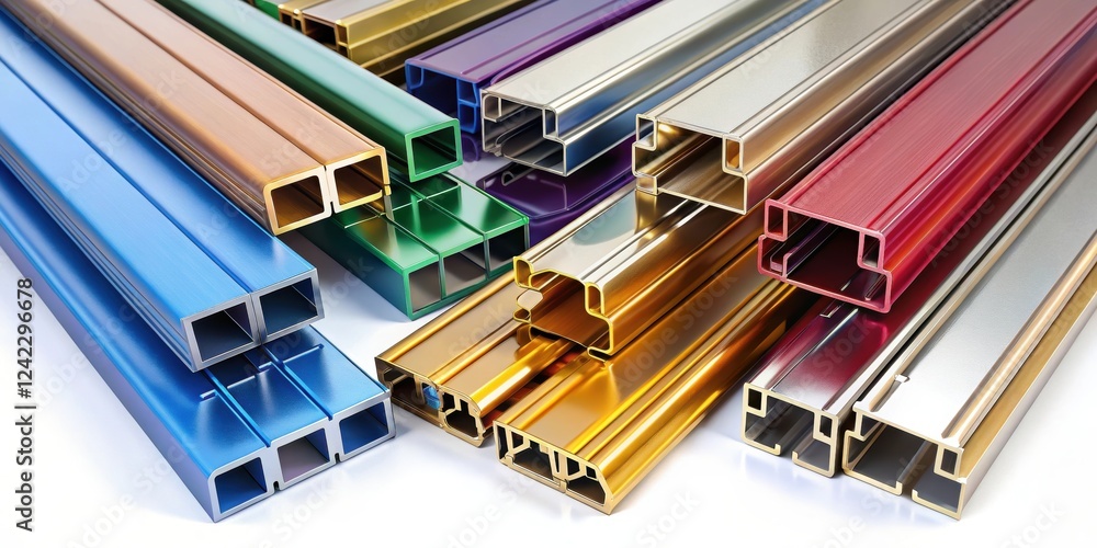 Variety of colorful anodized aluminum profiles in different finishes ...