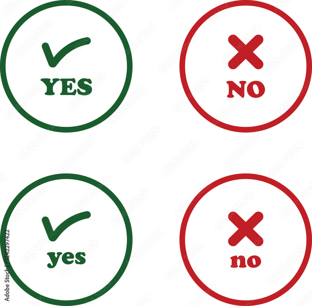 Sharp green checkmark and red cross icon set on isolated transparent ...