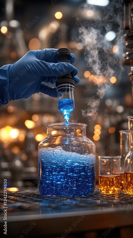 Chemistry lab equipment: flasks, test tubes, chemical solutions, liquid ...