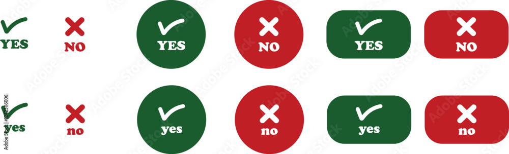 Sharp green checkmark and red cross icon set on isolated transparent ...
