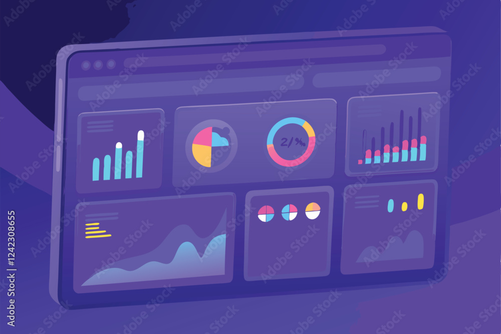 Create a vibrant vector illustration of a digital marketing dashboard showcasing key performance ...
