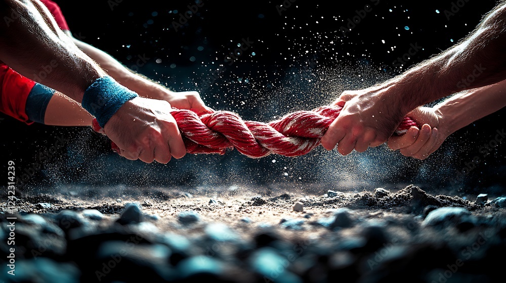 Intense tug-of-war competition between two teams on a dusty terrain ...