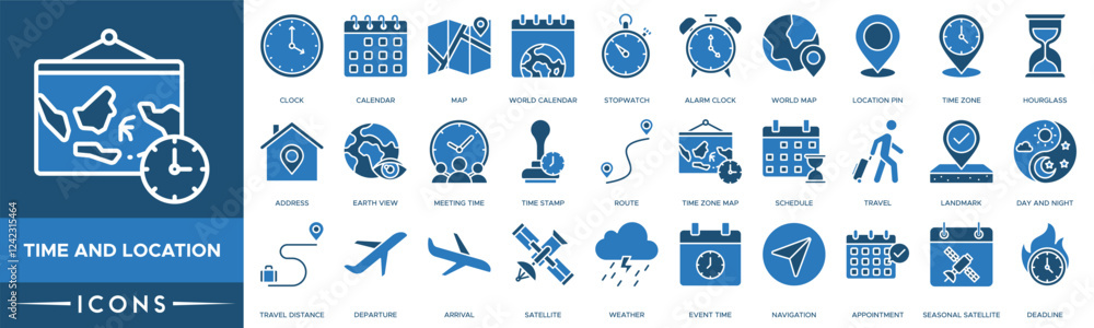 Time and location icon. Clock, Calendar, Map, World Calendar and ...