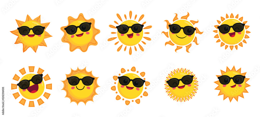 Sun face sunglasses clipart set. Yellow sun drawing characters wearing ...