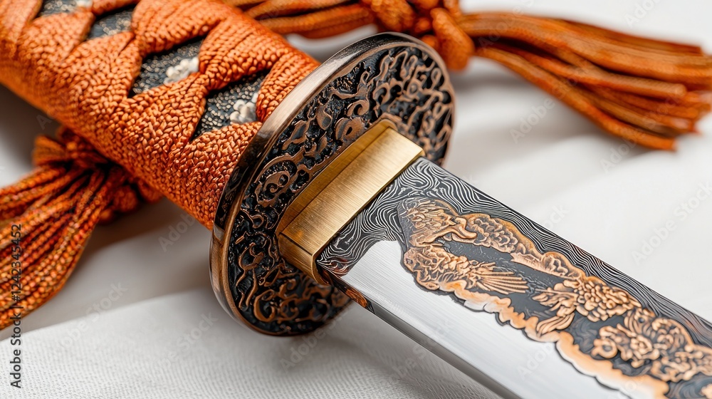Ornate katana scabbard detail, studio shot, white background, Asian ...