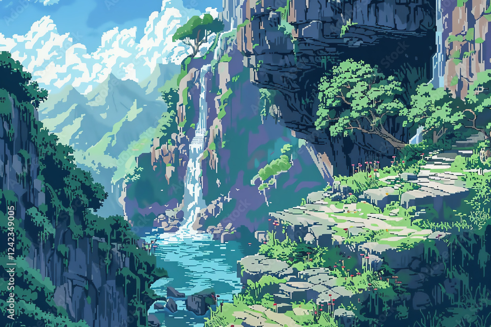 Delve into a side view Isekai adventure in a virtual reality realm with breathtaking landscapes ...