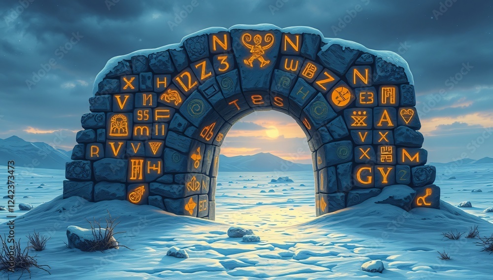 Ancient Viking Portal with Glowing Norse Runes – A stone arch covered ...