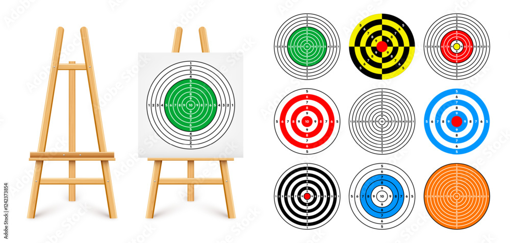 Shooting range target on a wooden easel stand. Paper target with ...