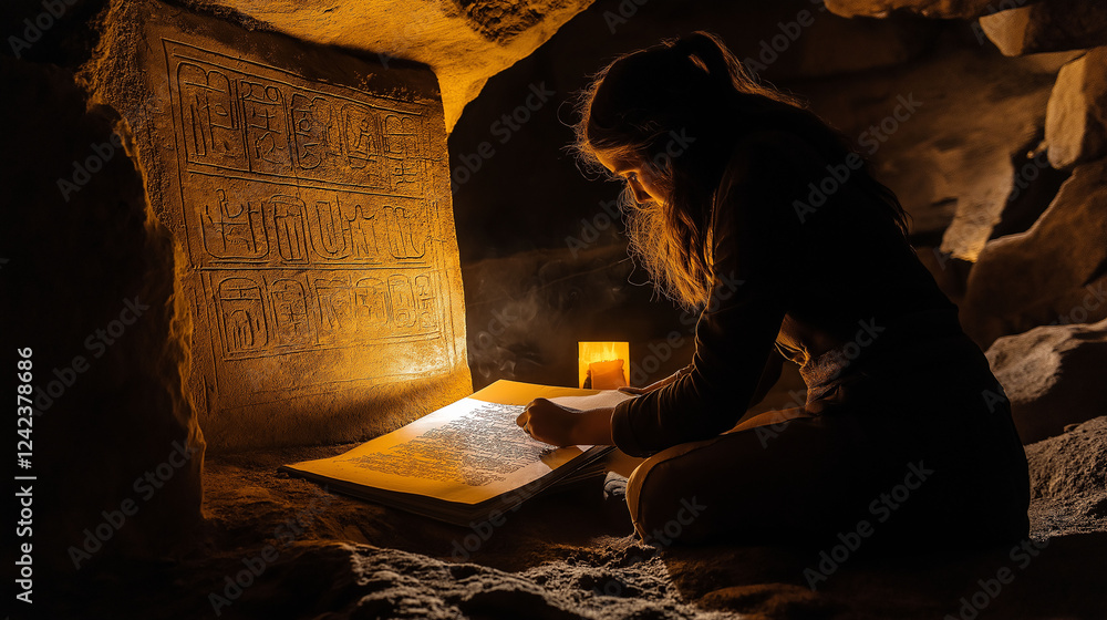 A female archaeologist dusting off ancient scrolls in an underground ...