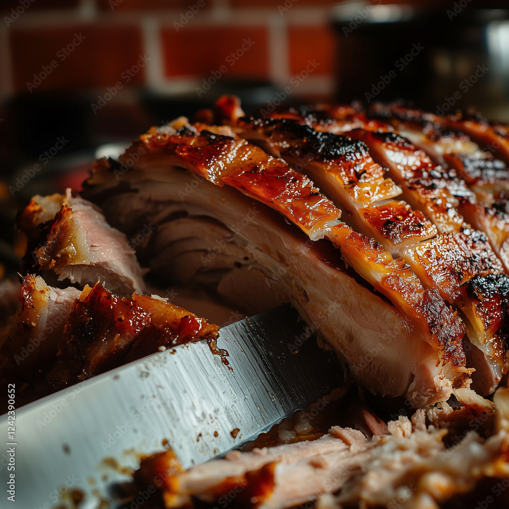 Freshly cut lechon with a large knife, the skin is crispy crackling ...