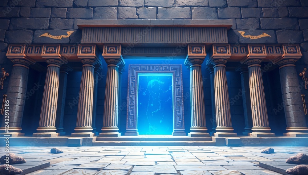 Mythical Greek Temple Door with Glowing Blue Symbols – A portal to a ...