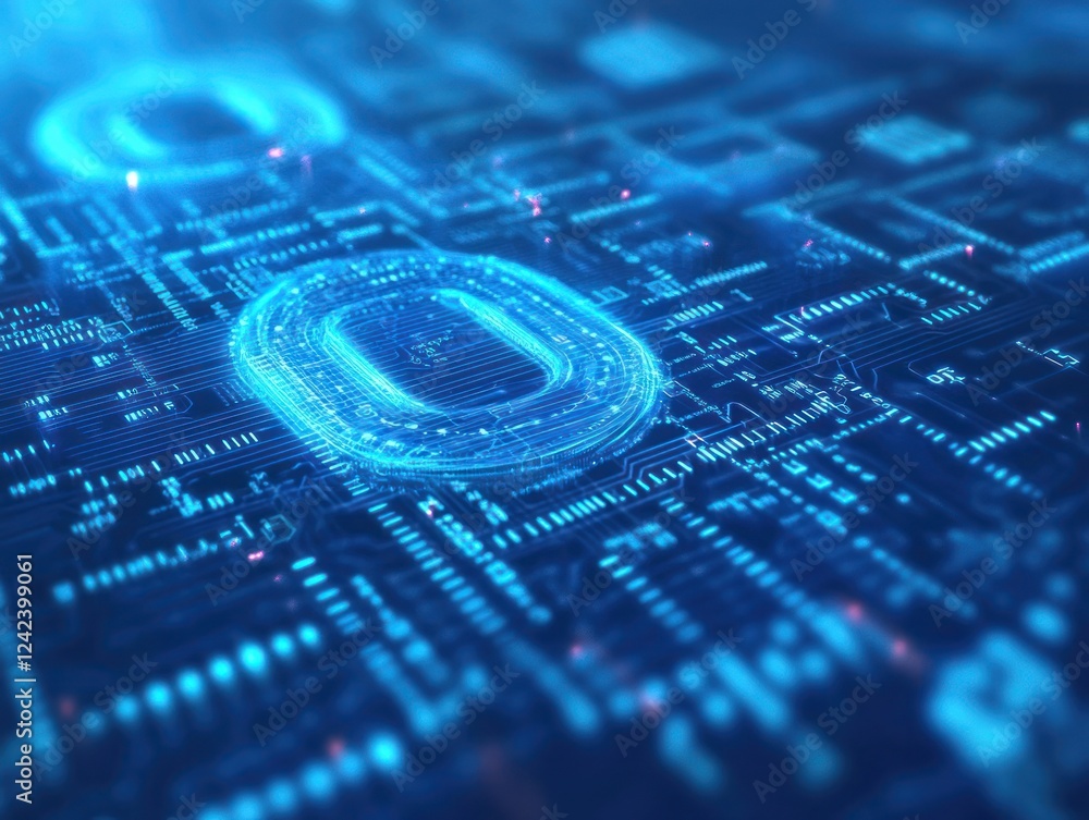 Glowing digital zero on circuit board; technology background, data ...