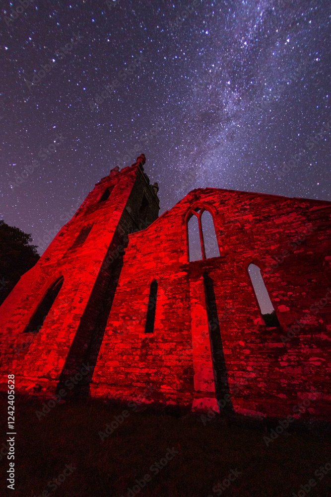 Milky Way and the ruins of an old church. County Cork. Ireland. Stock ...