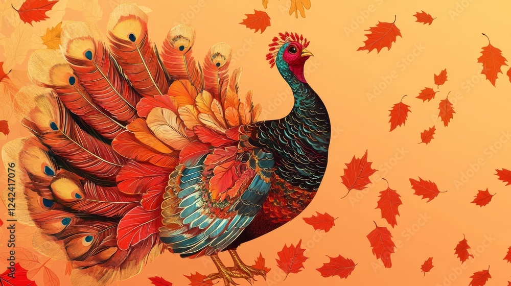32.A festive illustration of a stylized turkey with an intricate fan of ...