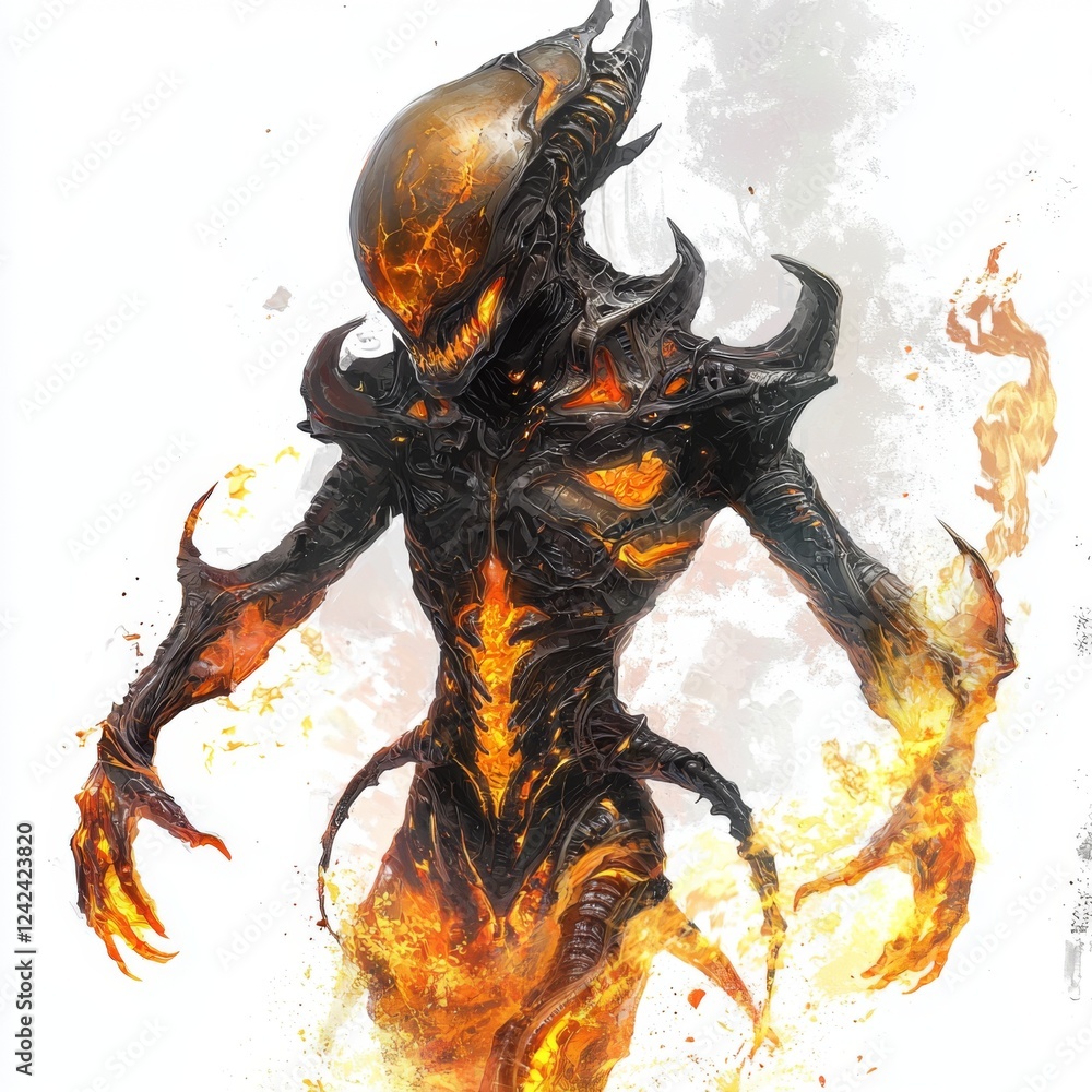 Fiery Demon Creature with Dark Armor and Flames, Surrounded by Swirling ...